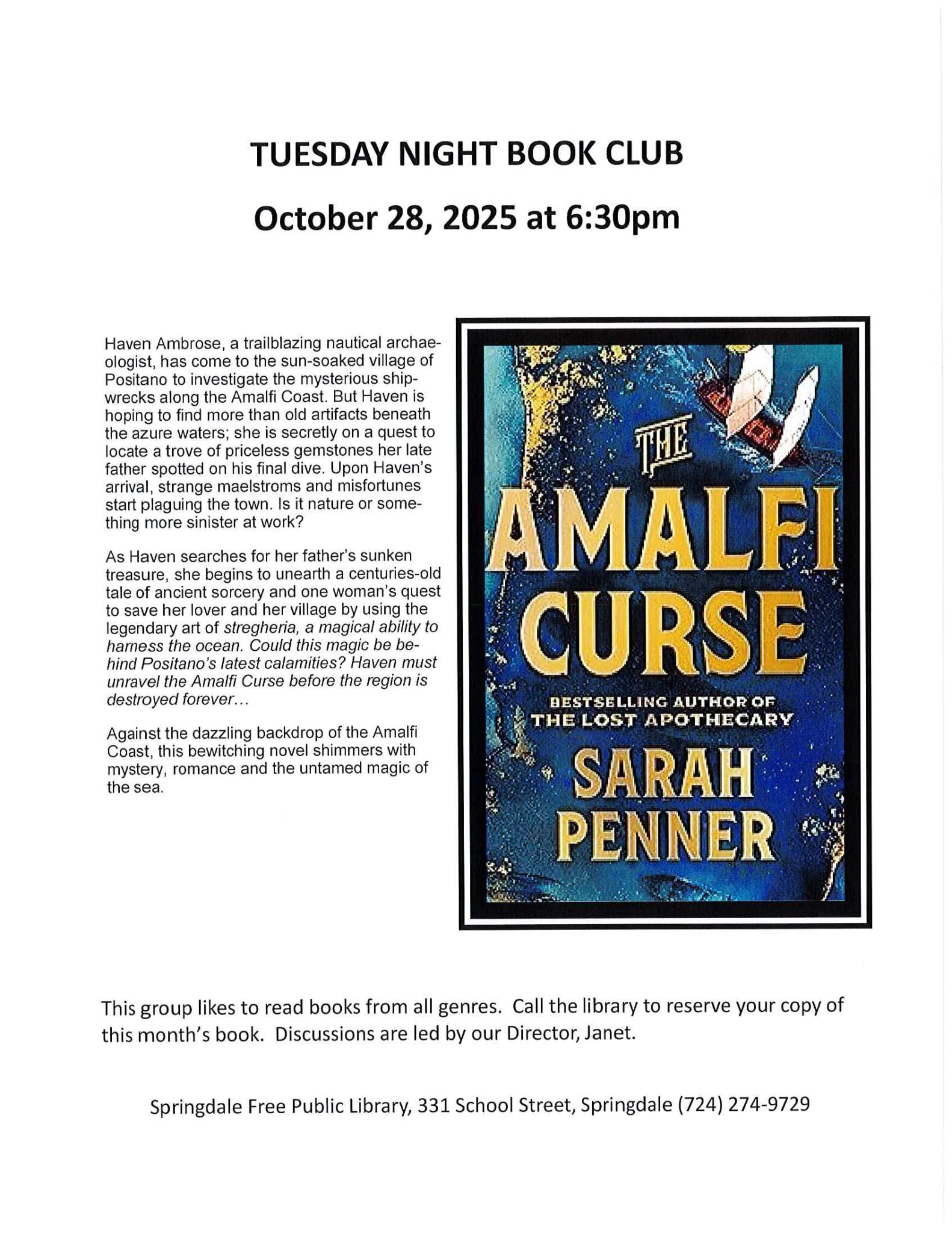 October- Tuesday Night Book Club | Springdale Free Public Library